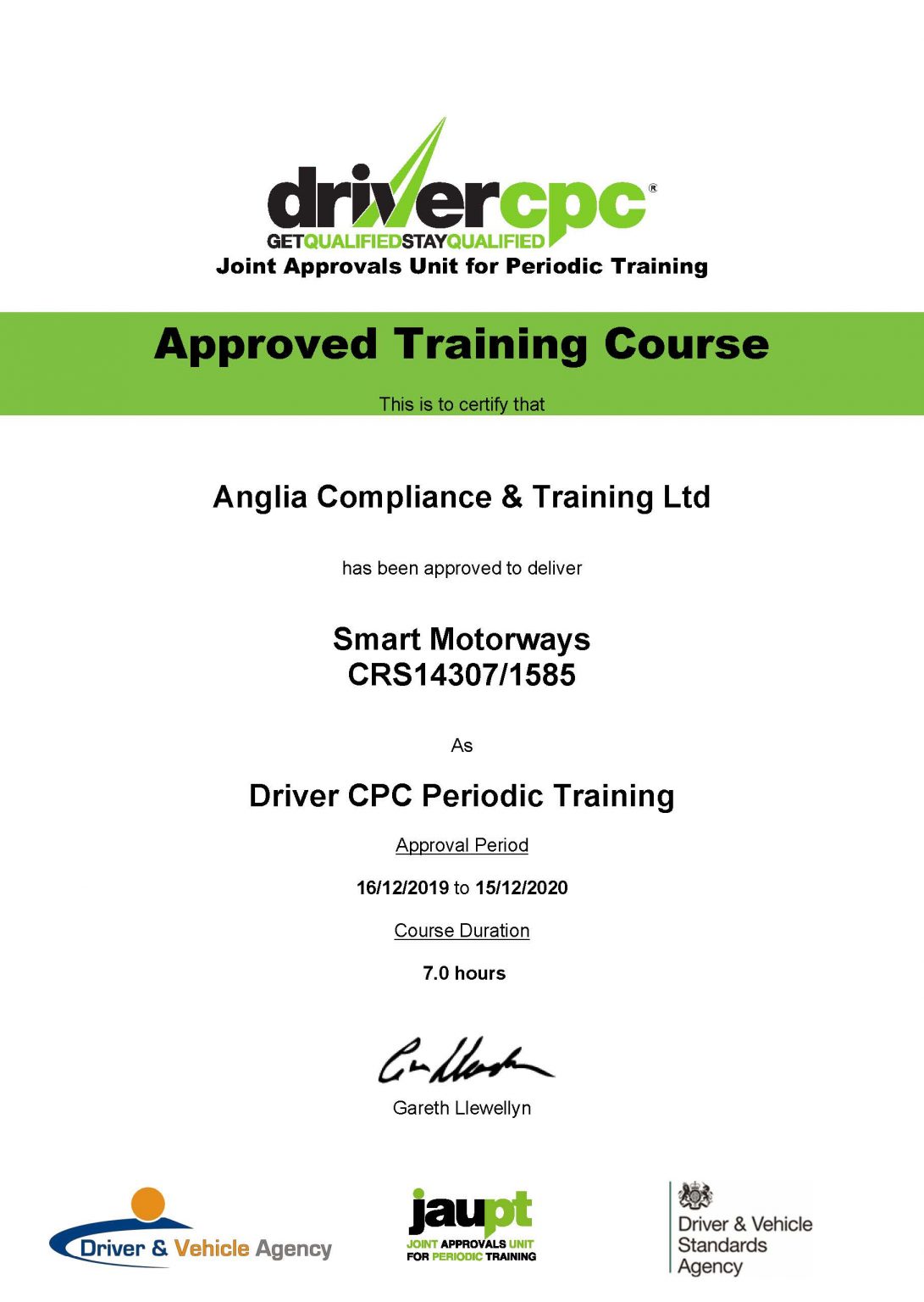 Jaupt Cert - Smart Motorways - Anglia Compliance & Training Ltd