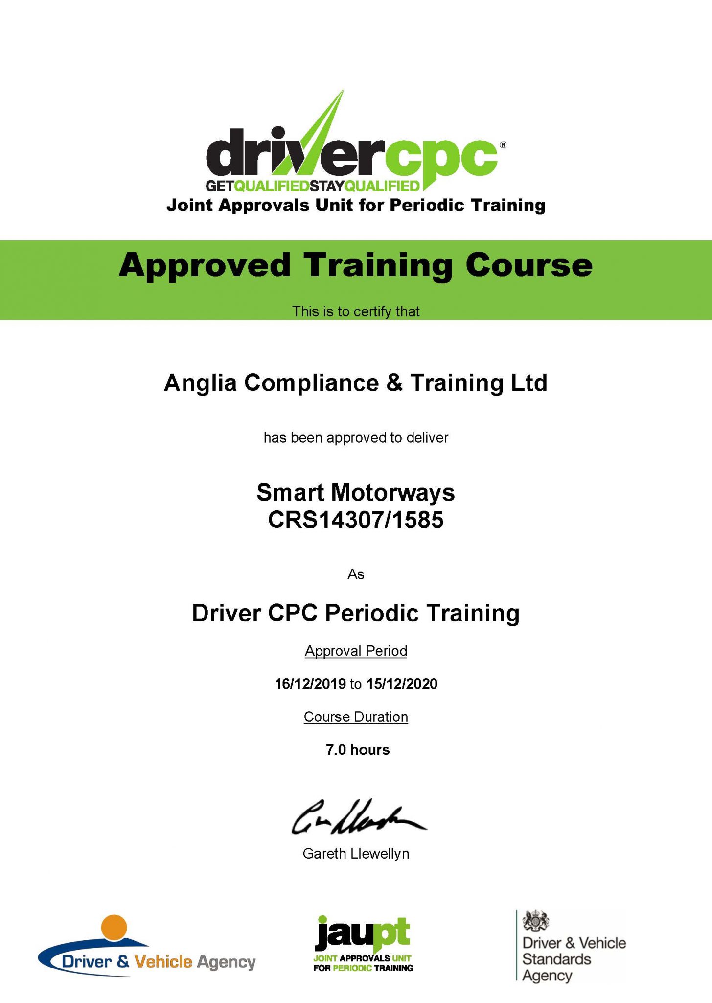 Jaupt Cert - Smart Motorways - Anglia Compliance & Training Ltd